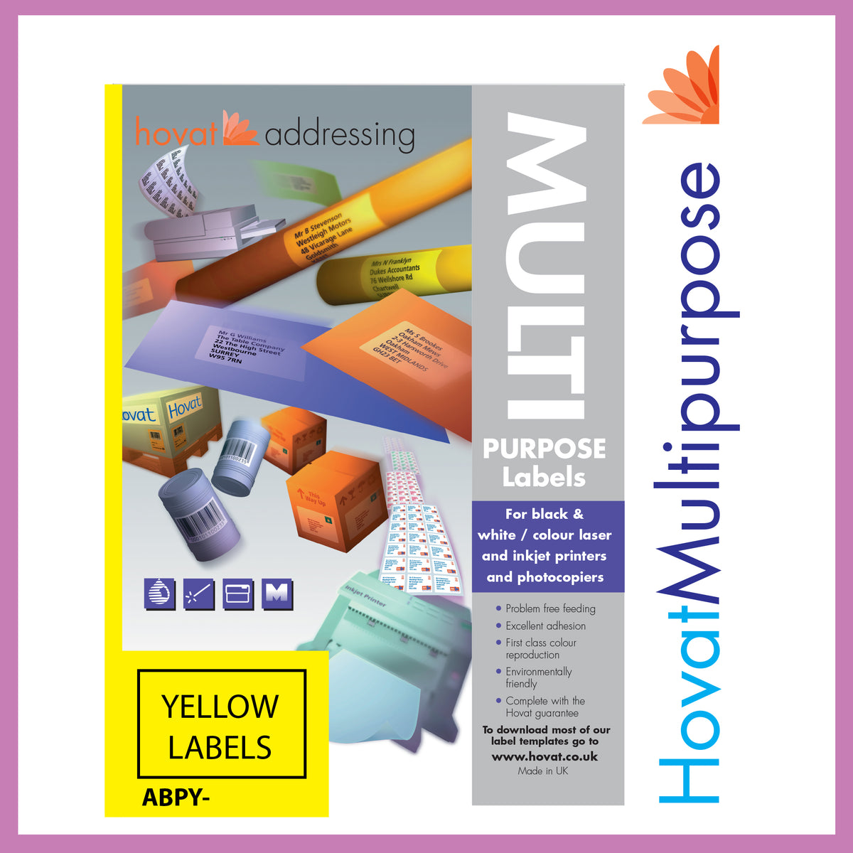 Hovat Multi-Purpose. Matt Yellow Self adhesive label. (100 sheet box ...