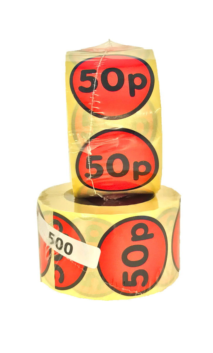Special Offer 50p Labels, 500 per roll, 40mm Diameter, Presented in ro ...
